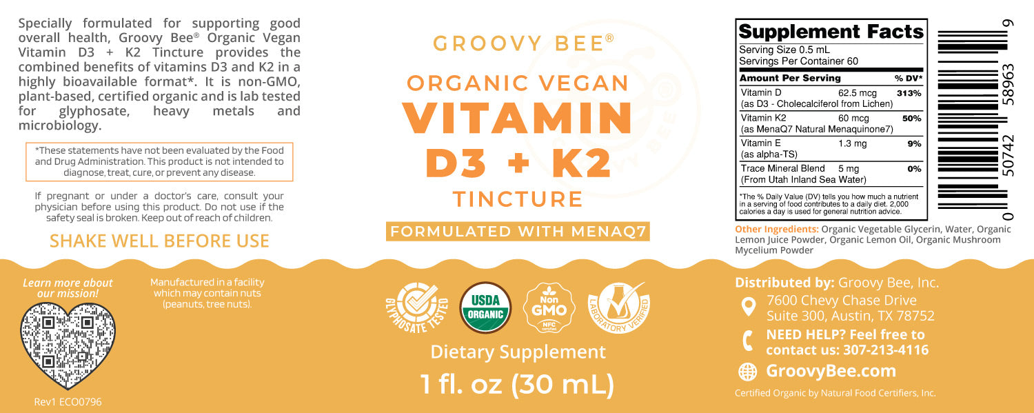 Organic Vegan Vitamin D3 + K2 Tincture (Formulated with MenaQ7) 1 fl ...