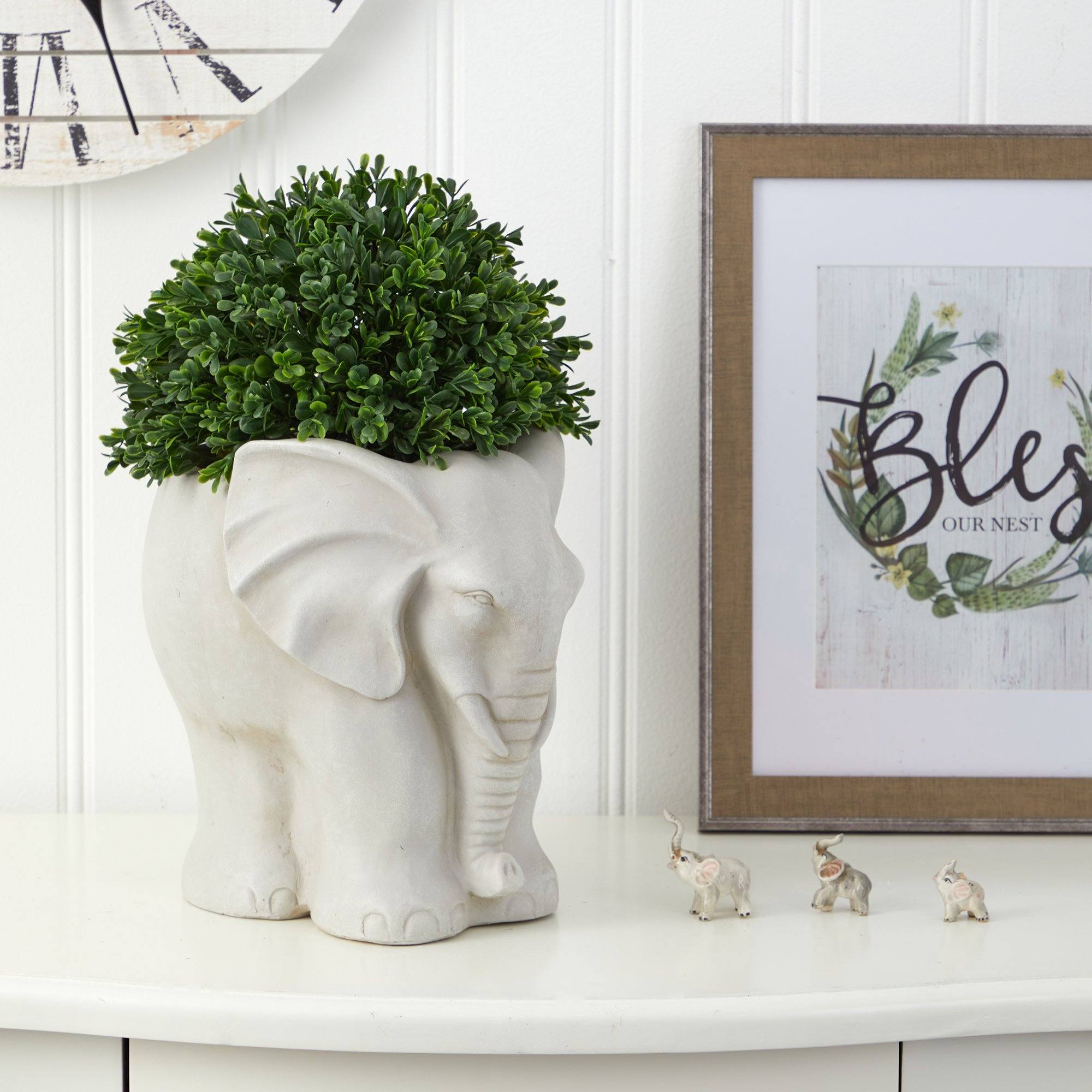 16” Boxwood Topiary Artificial Plant in Elephant Shaped Planter (Indoo ...