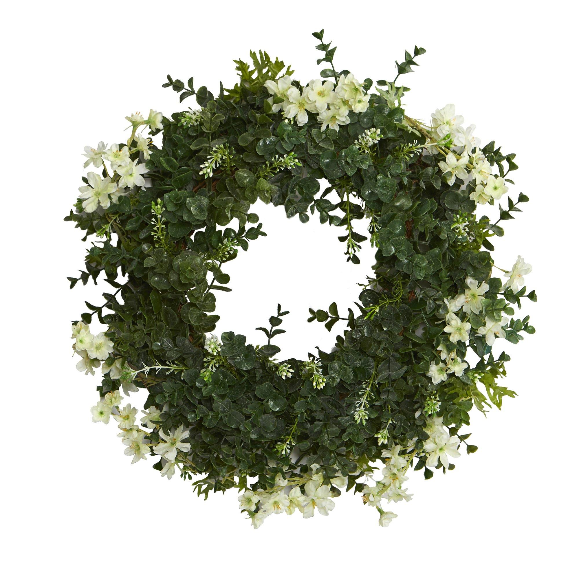 18” Eucalyptus and Dancing Daisy Double Ring Artificial Wreath with Tw ...