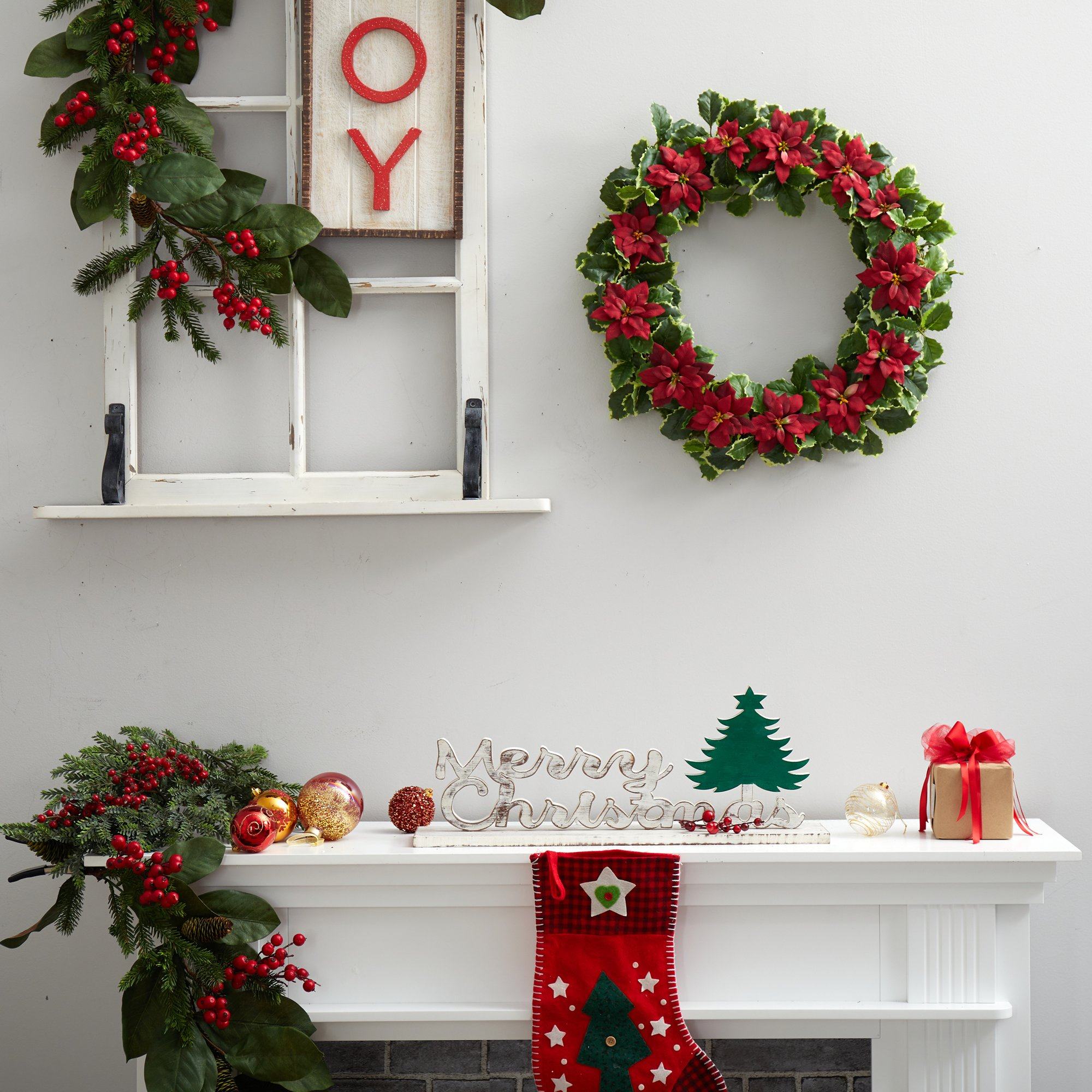 21” Poinsettia and Variegated Holly Artificial Christmas Wreath | The ...