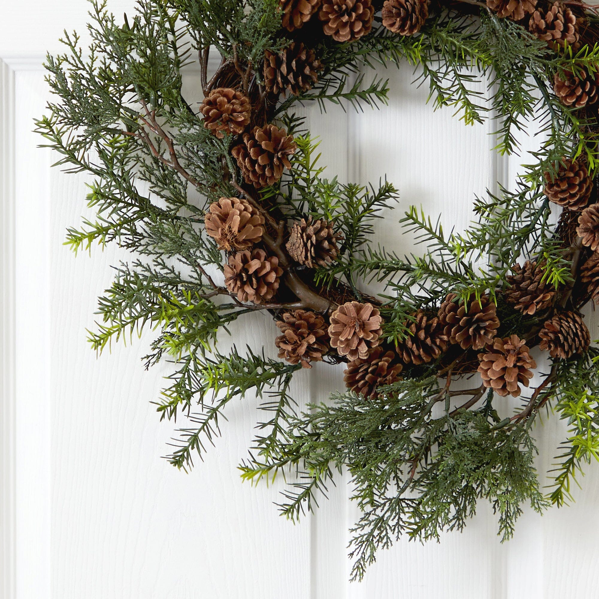 22” Cedar, Grass and Pine Cone Artificial Wreath UV Resistant (Indoor ...