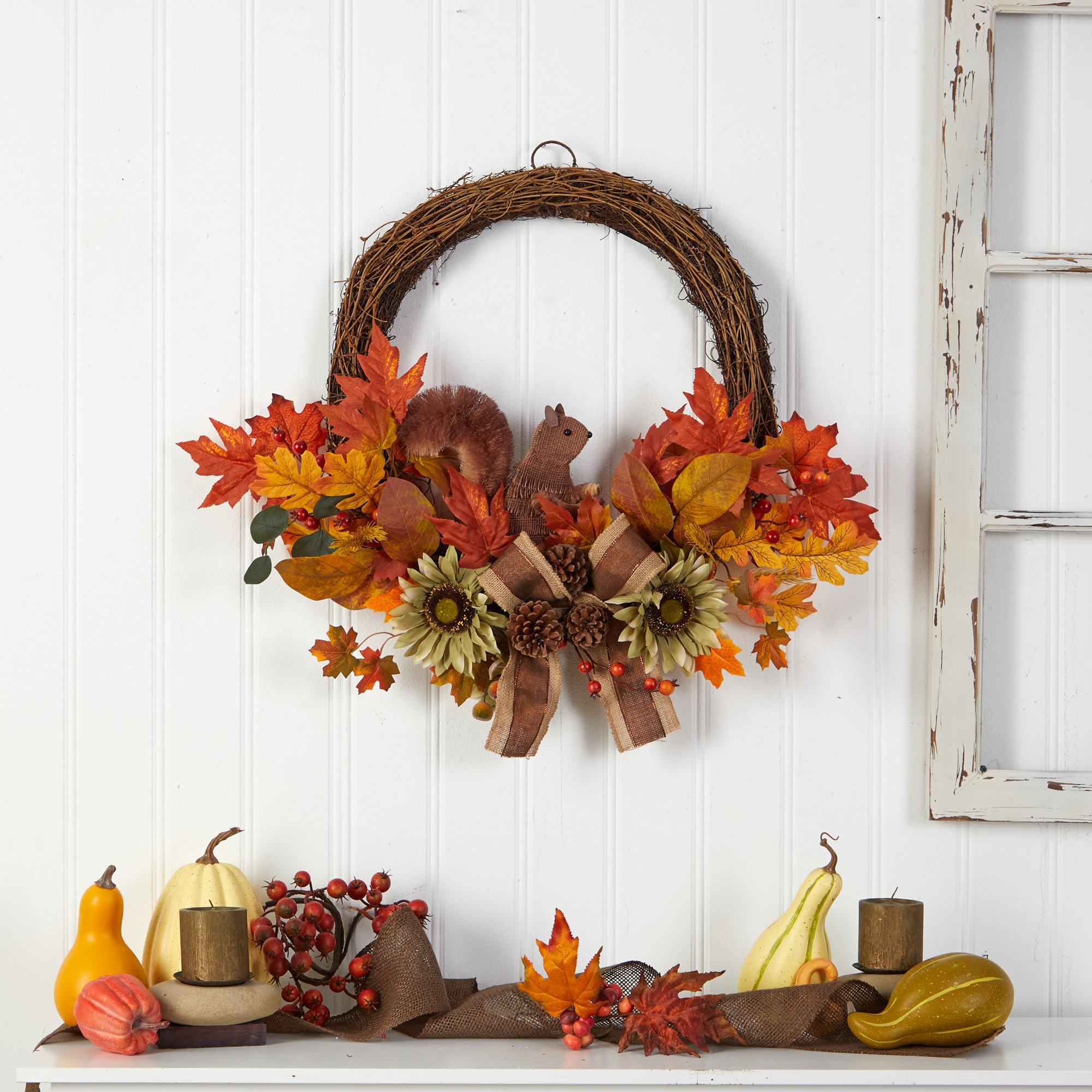 26” Fall Harvest Artificial Autumn Wreath with Twig Base and Squirrel ...