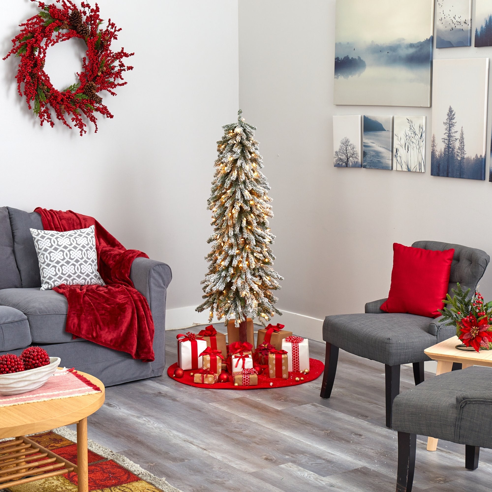 5’ Flocked Grand Alpine Artificial Christmas Tree with 200 Clear Light ...